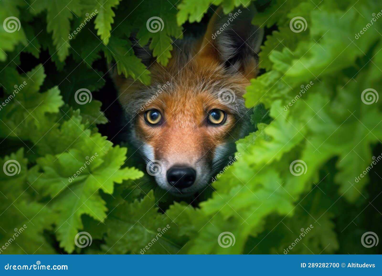 Glowing Eyes of a Fox Peering from Behind Foliage Stock Photo - Image ...