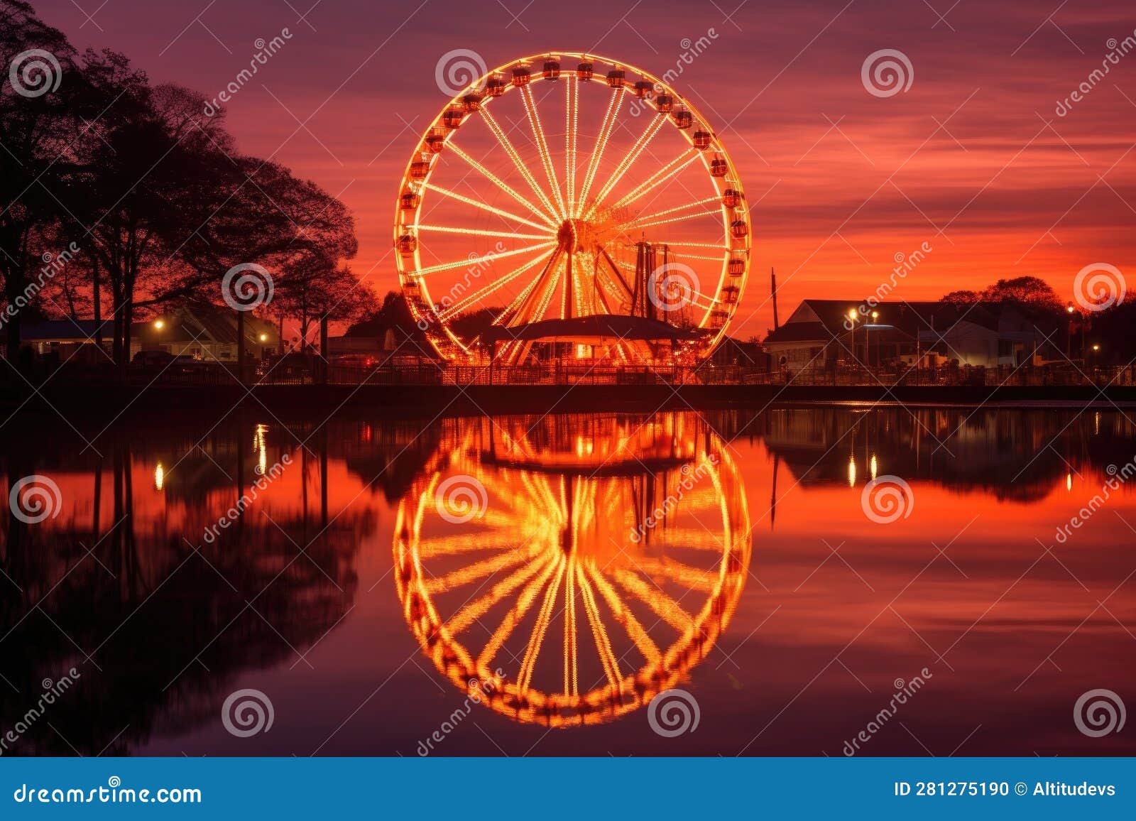 Glowing Ferris Wheel Reflected in Water Stock Illustration ...