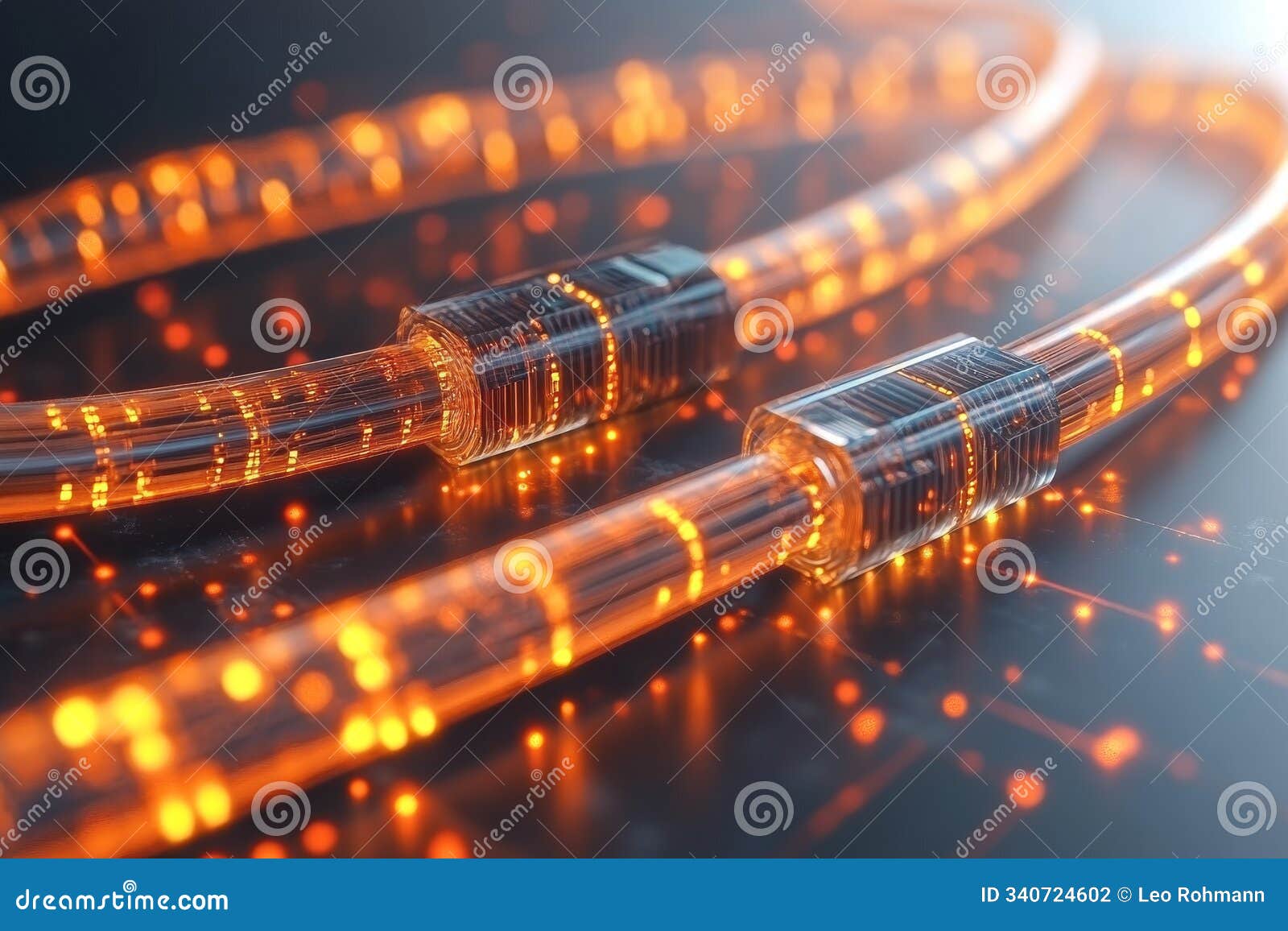 Glowing Fiber Optic Cables with Connectors Representing High Speed Data ...