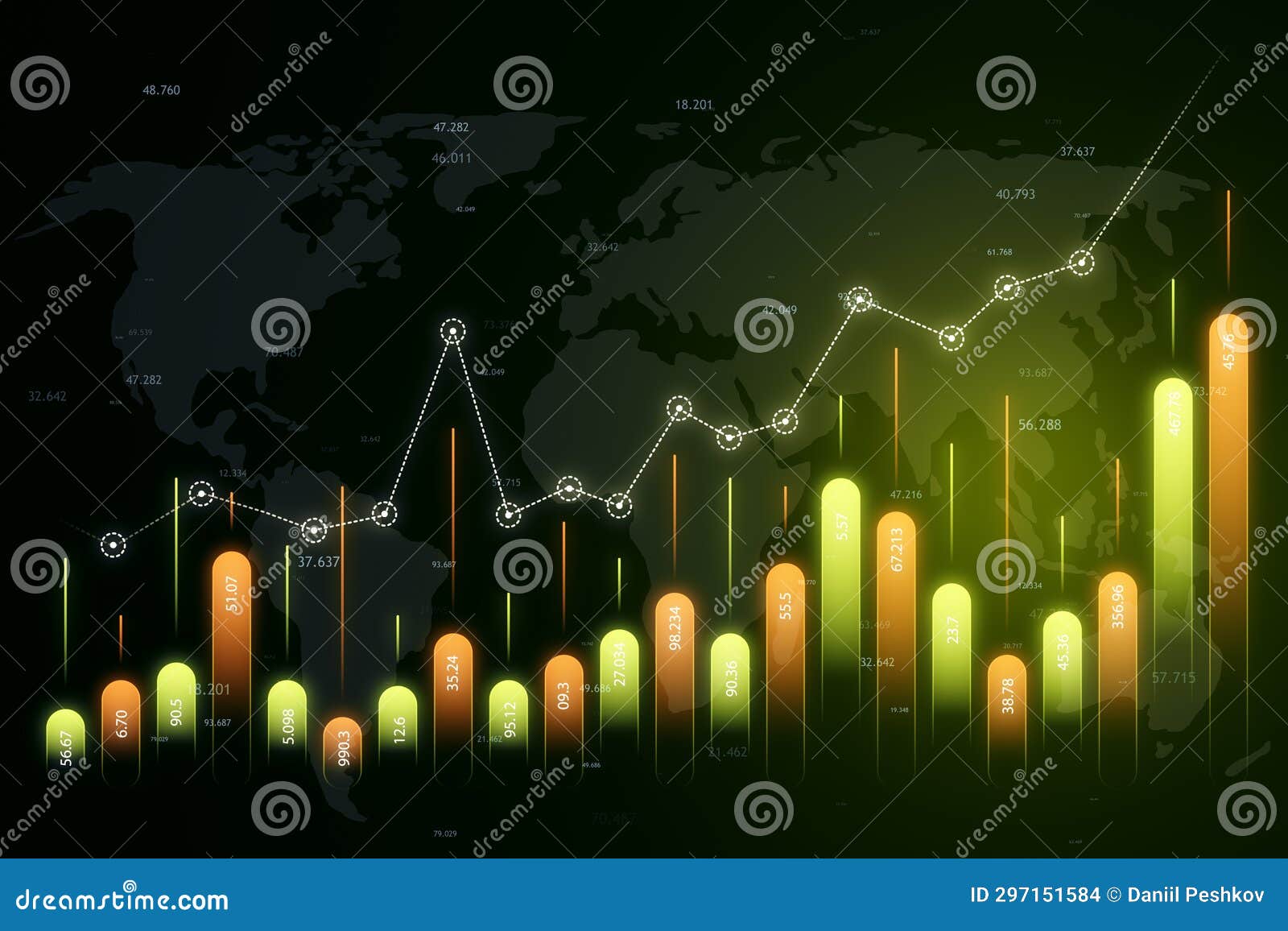 Glowing Financial Bar Charts with World Map Backdrop. Stock ...