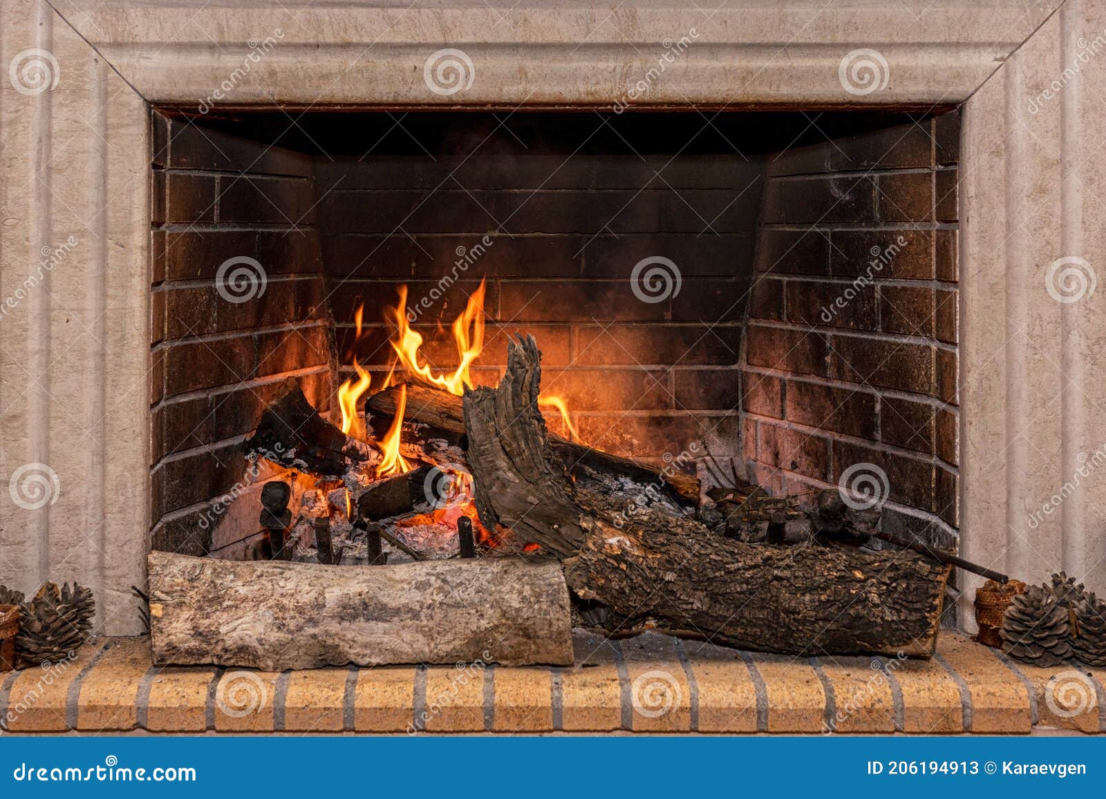 Glowing Fire in a Huge Stone Fireplace Stock Image - Image of holiday ...