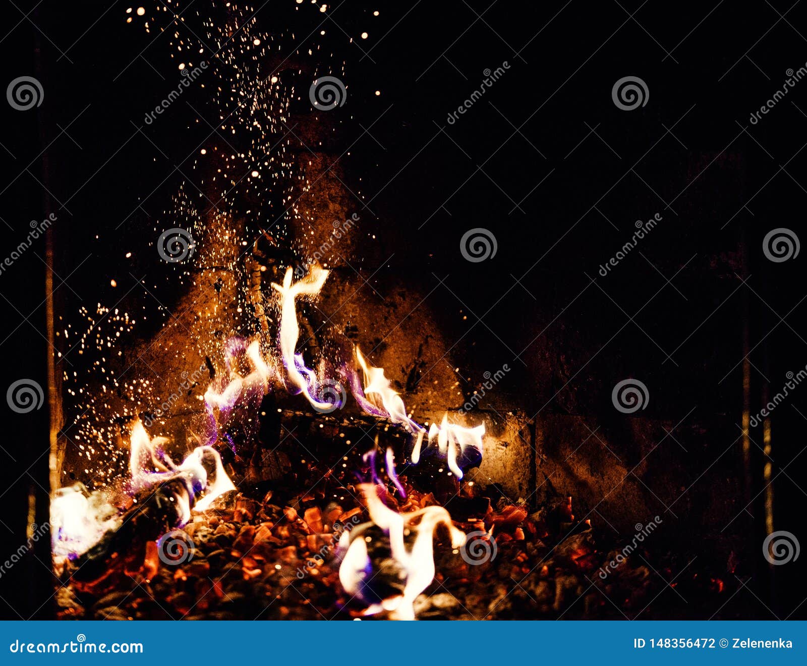A Glowing Fire in the Stone Fireplace Stock Photo - Image of home, heat ...