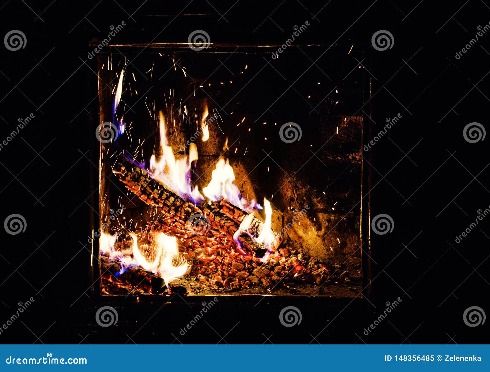 A Glowing Fire in the Stone Fireplace Stock Image - Image of family ...