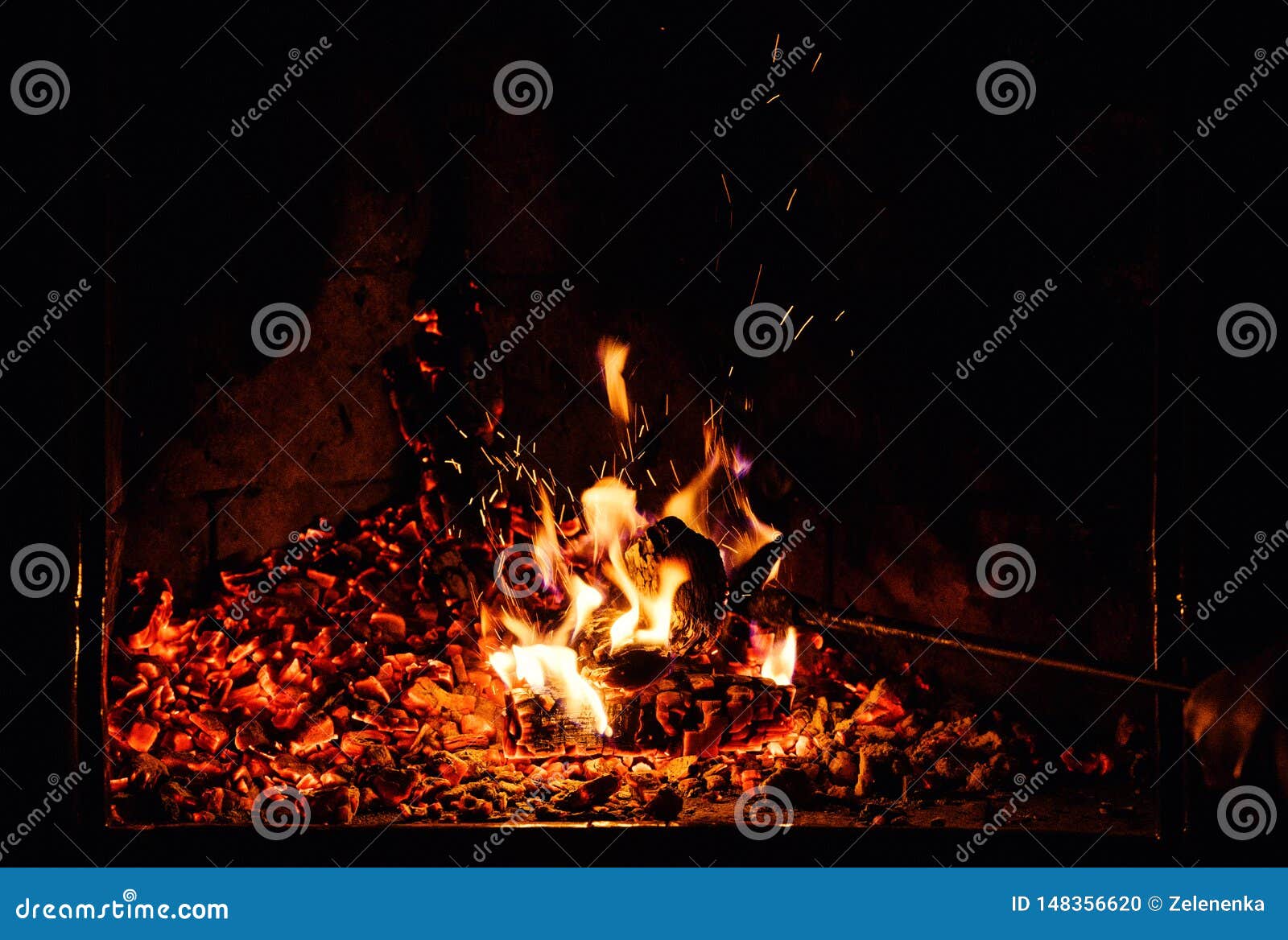 A Glowing Fire in the Stone Fireplace Stock Photo - Image of fireside ...