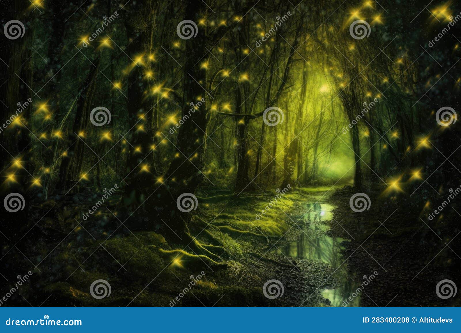 Glowing Fireflies Highlighting the Texture of Mossy Trees Stock ...