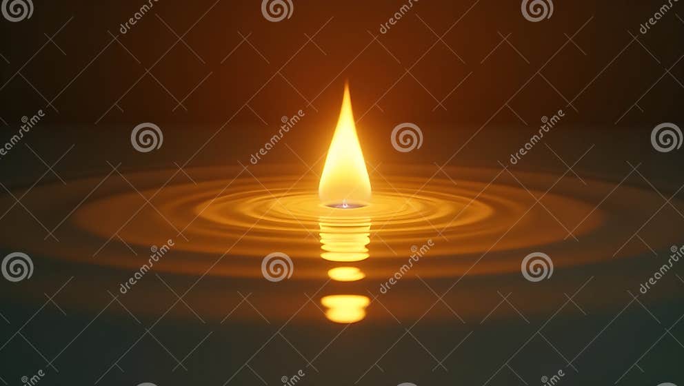 A Glowing Flame Floating on a Calm Water Surface with Reflections Stock ...