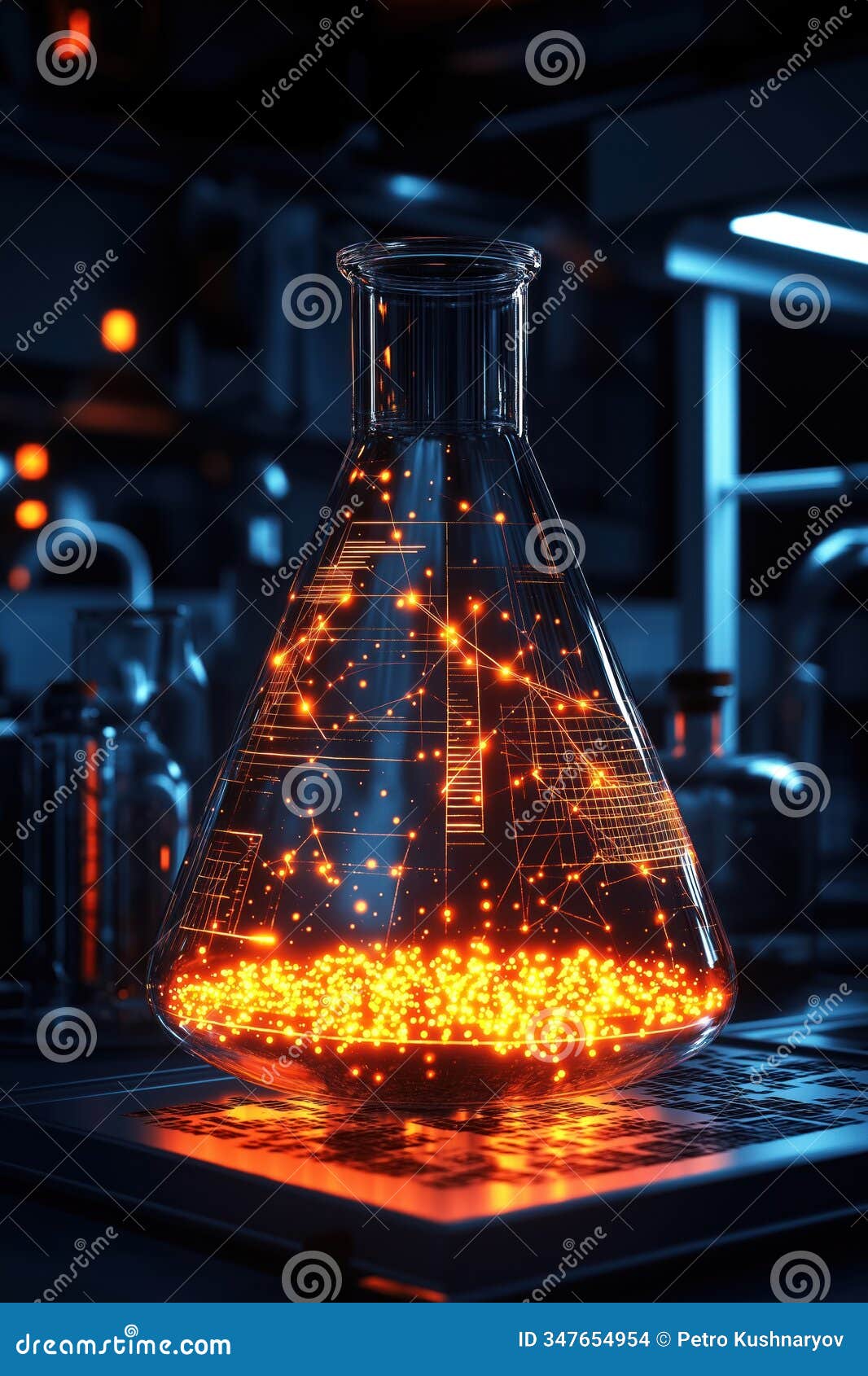 Glowing Flask in Dark Lab Setting. Vibrant Particles Inside Flask ...