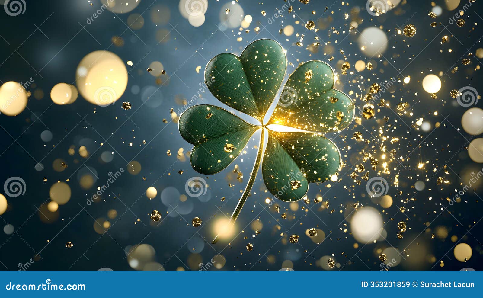 Glowing Four Leaf Clover Surrounded by Sparkling Particles and Light ...