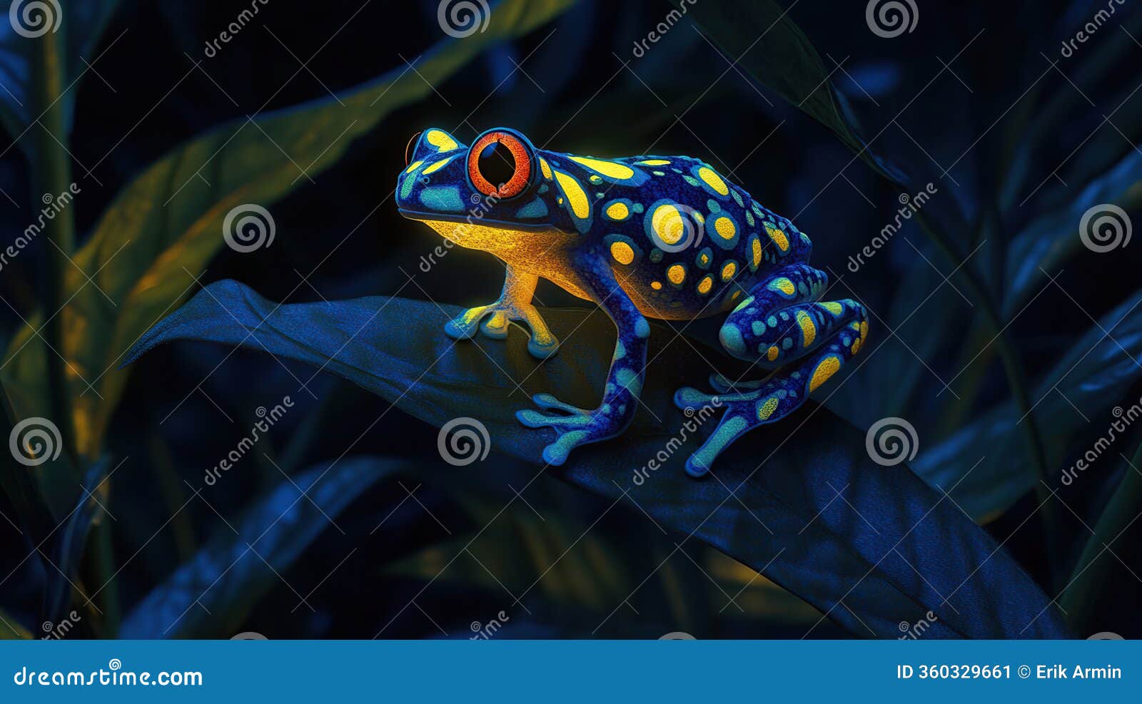 A Frog At Night With City Lights And The Moon In The Background Stock ...