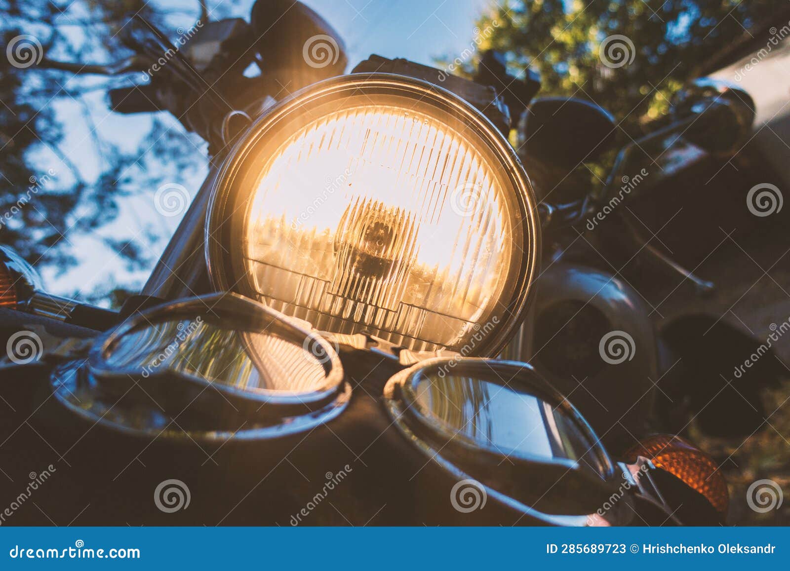 Glowing Front Headlight of a Motorcycle Stock Image - Image of retro ...