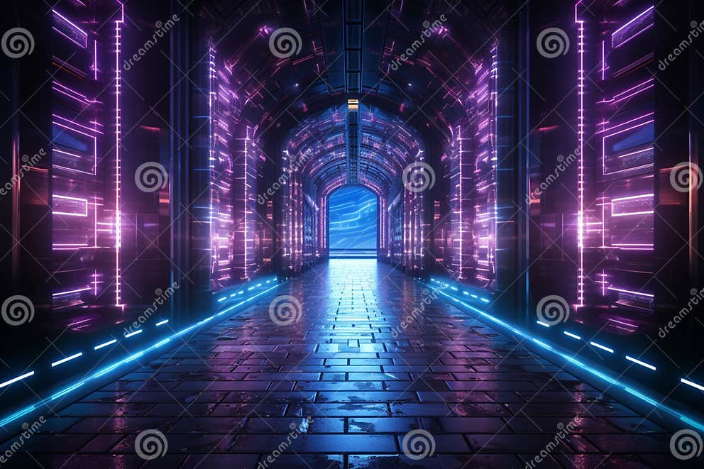 Glowing Futuristic Gateway Binary Code Enters Through Neon Lit Open