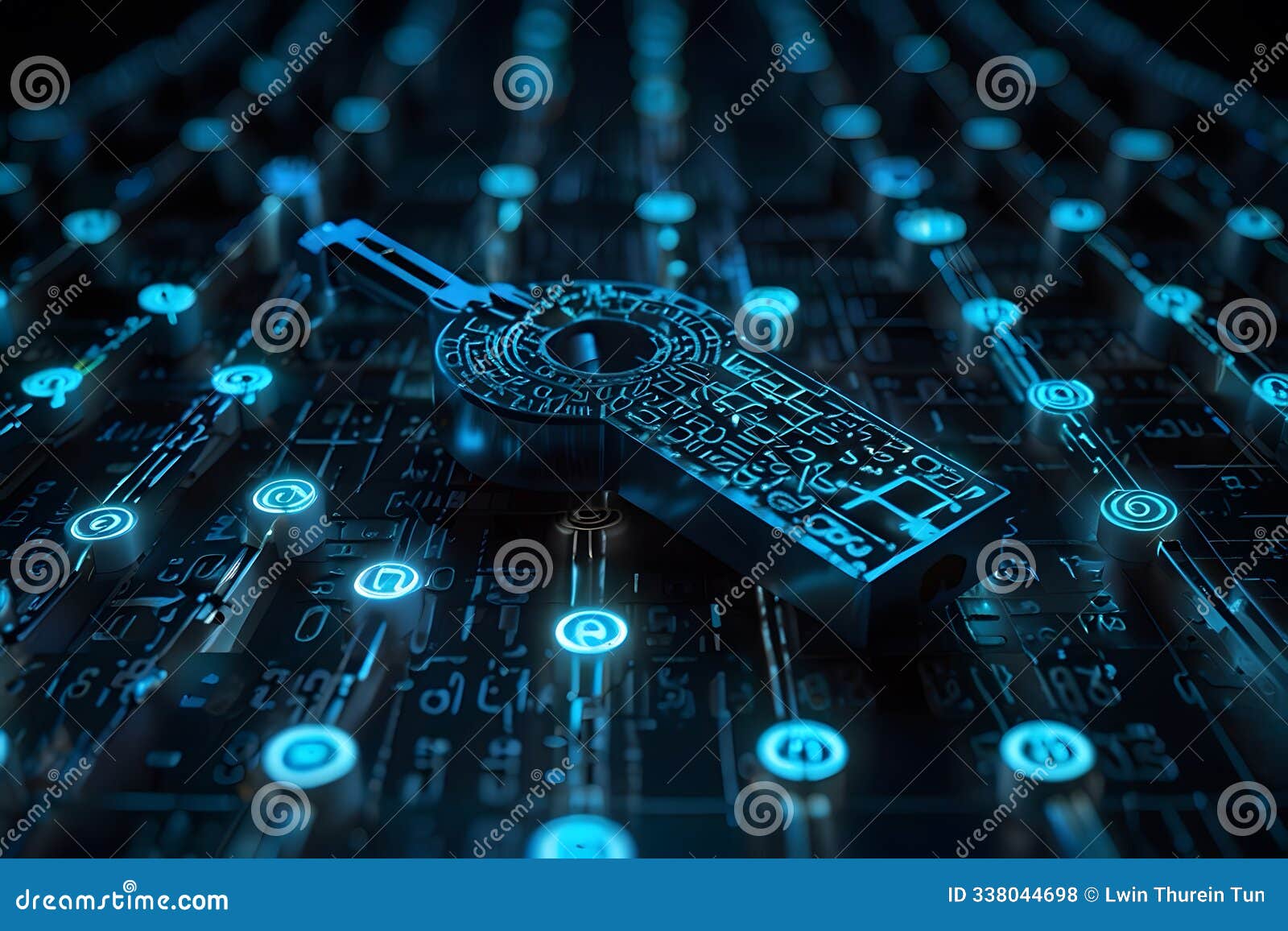 Encrypted Key: a Glowing, Futuristic Key Made of Neon-blue Data Floats Above a Grid of Encrypted ...