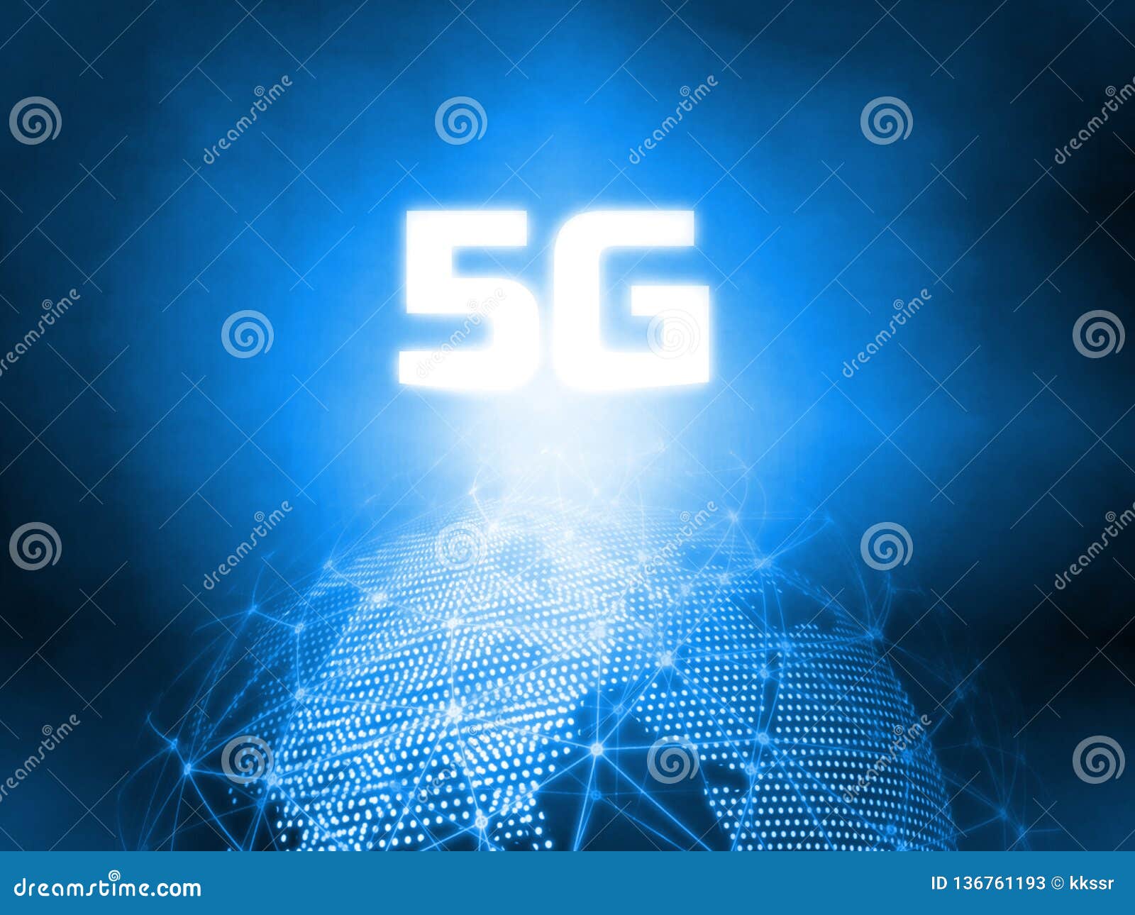 Glowing 5G Text on 3D Rendering Blue Dotted World and Abstract Wired ...