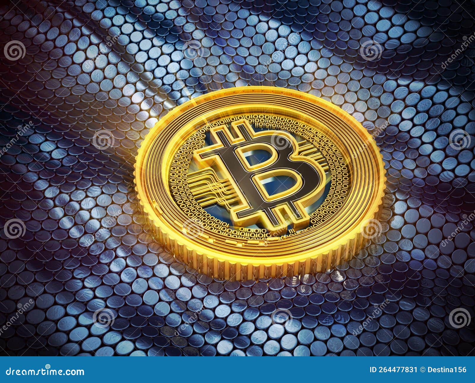 Glowing Generic Bitcoin Standing on Dark Blue Background. 3D ...