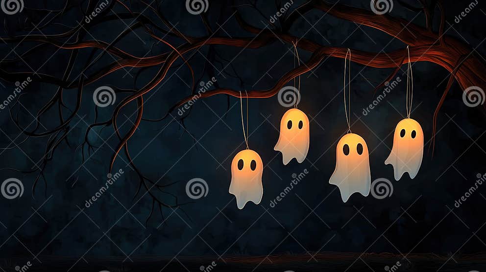 Glowing Ghost Decorations Hanging from Tree Branches in a Dark ...
