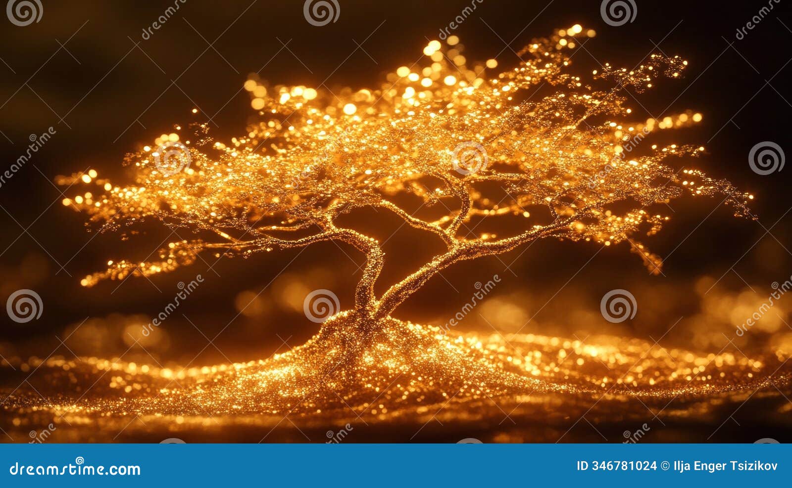 Golden Bonsai Tree In Black Pot Sits On Wooden Surface, Illuminated By ...
