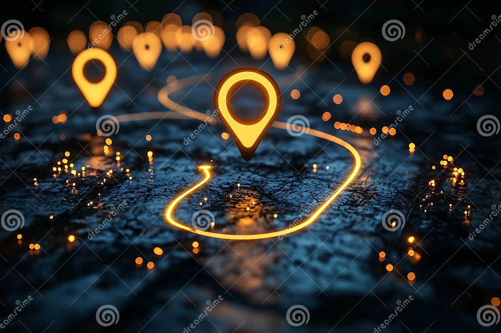Glowing GPS Navigation Path with Location Markers on Dark Surface ...