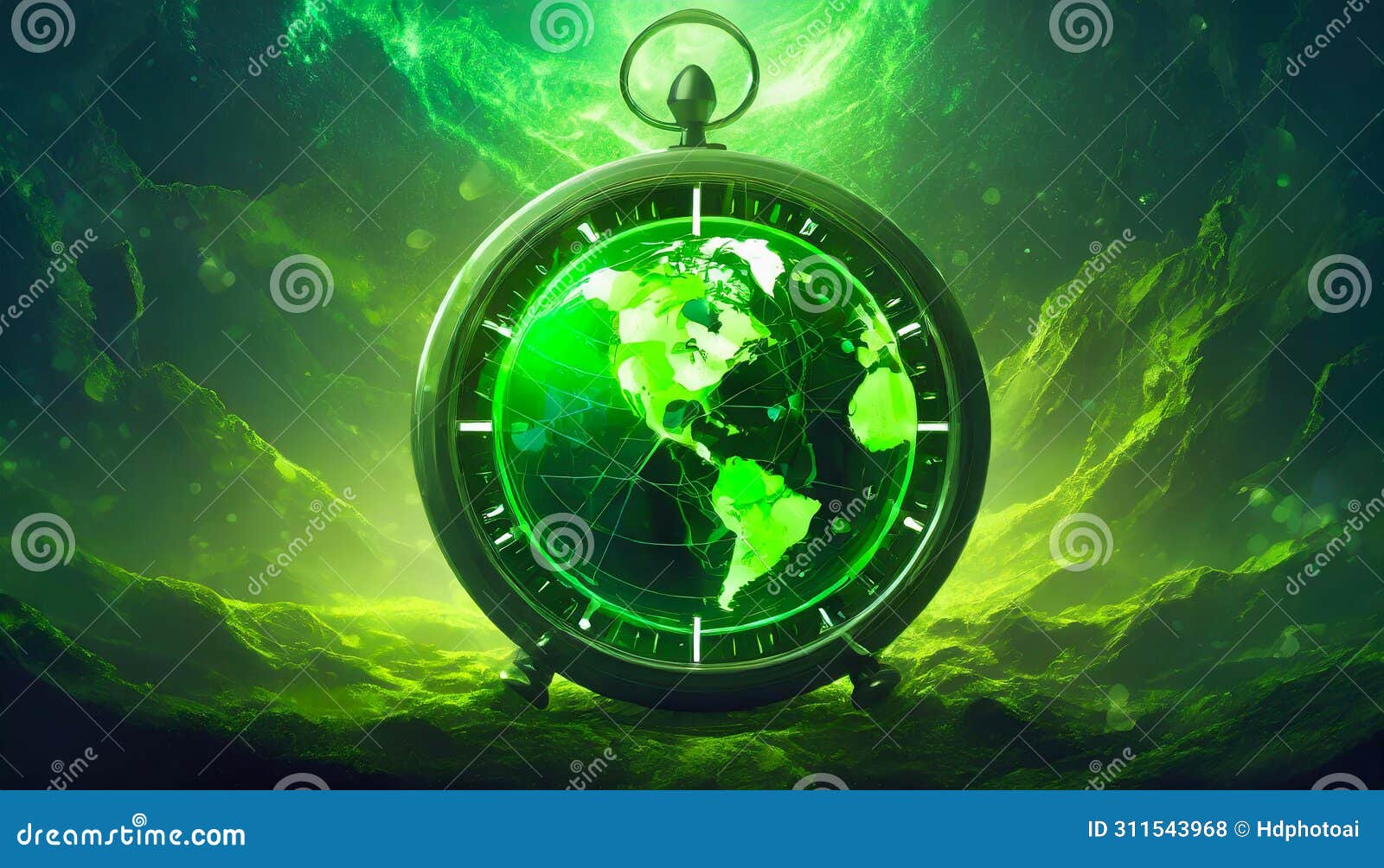 Glowing Green Clock with World Map. Earth Hour Concept Stock ...