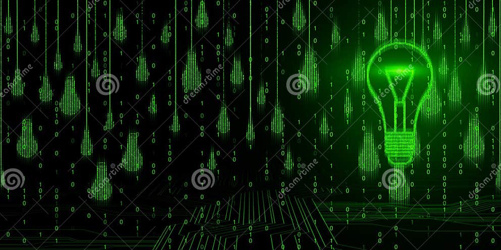 Glowing Green Digital Lightbulbs on a Black Cyberspace Background. 3D ...
