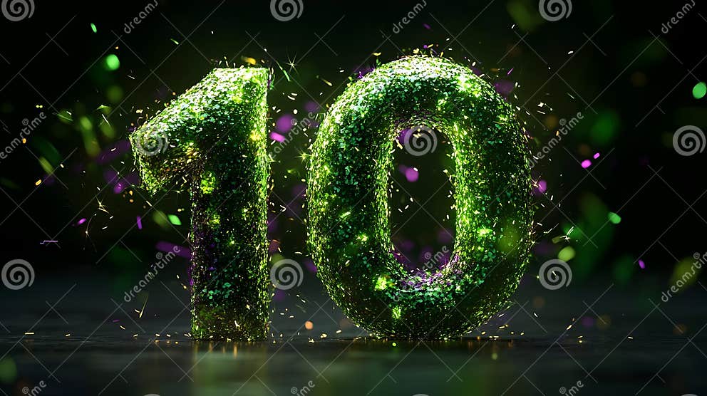Glowing Green Glitter Number 10 3D Render Stock Illustration ...