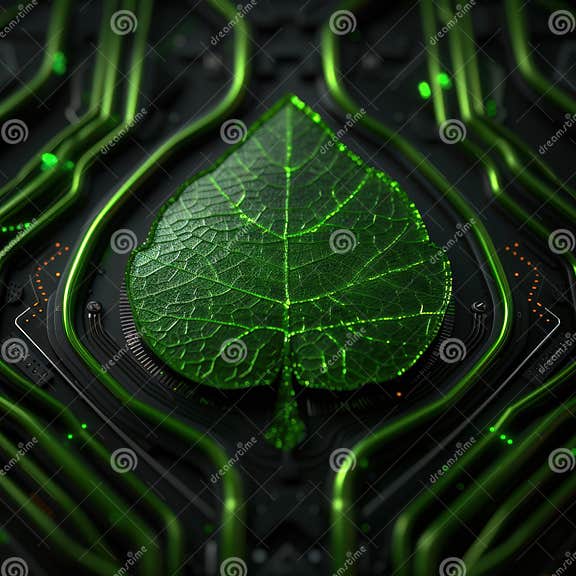 Glowing Green Leaf in Futuristic Technology Environment Stock ...