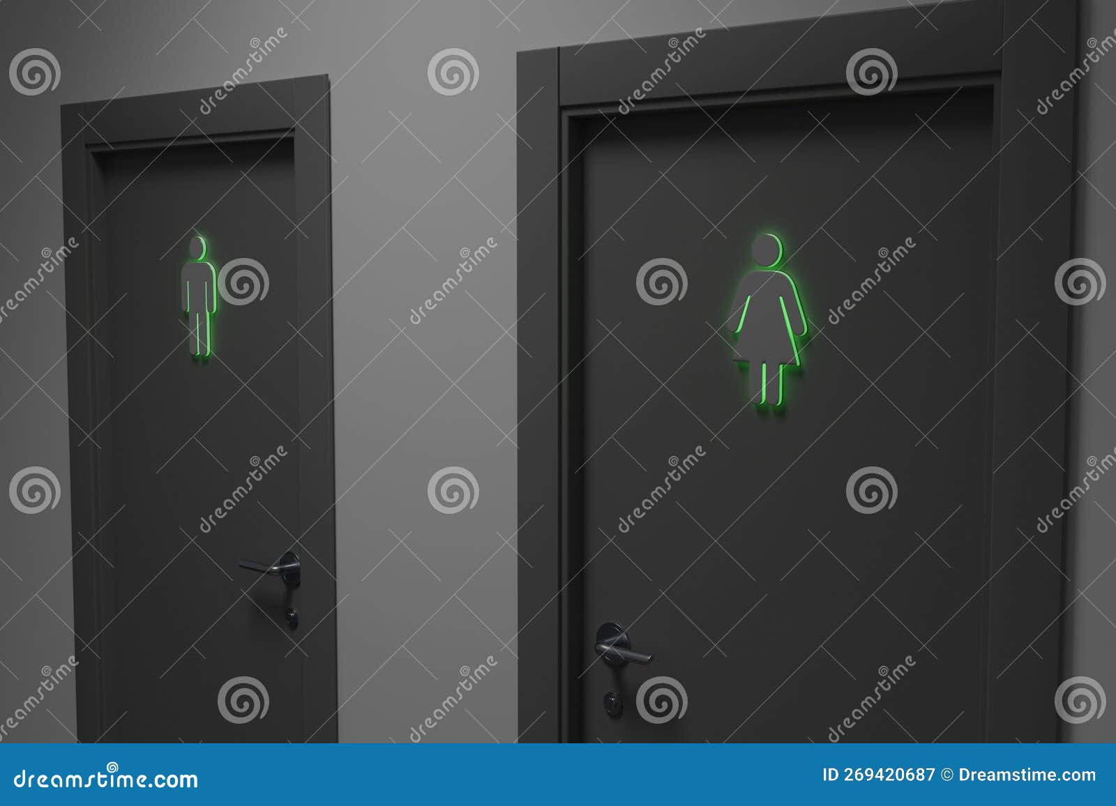 Glowing Green WC Signs on Dark Toilet Doors. 3d Render Stock ...
