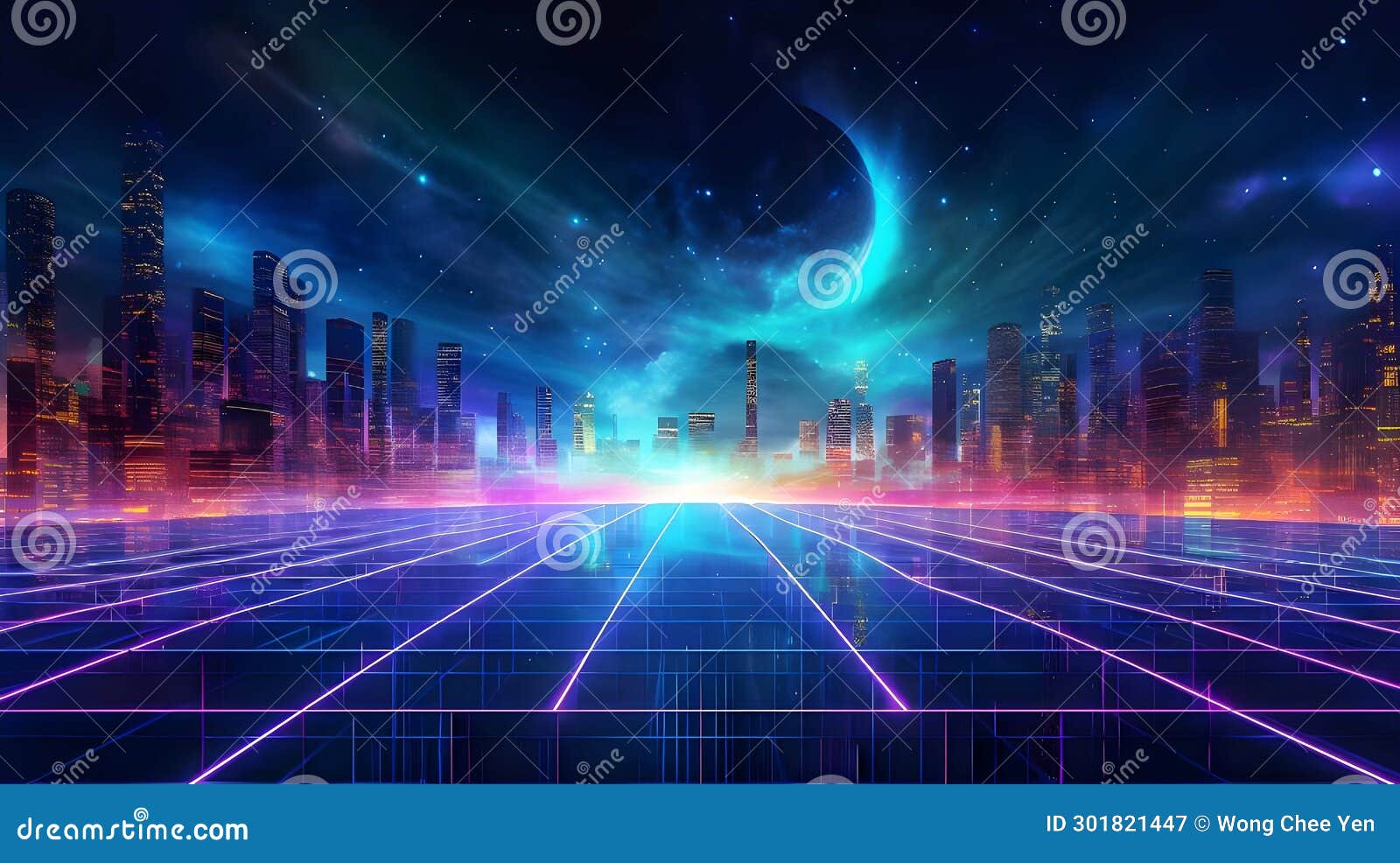 Glowing Grid Lines Pattern Under Urban City Centre Night Scene Stock ...