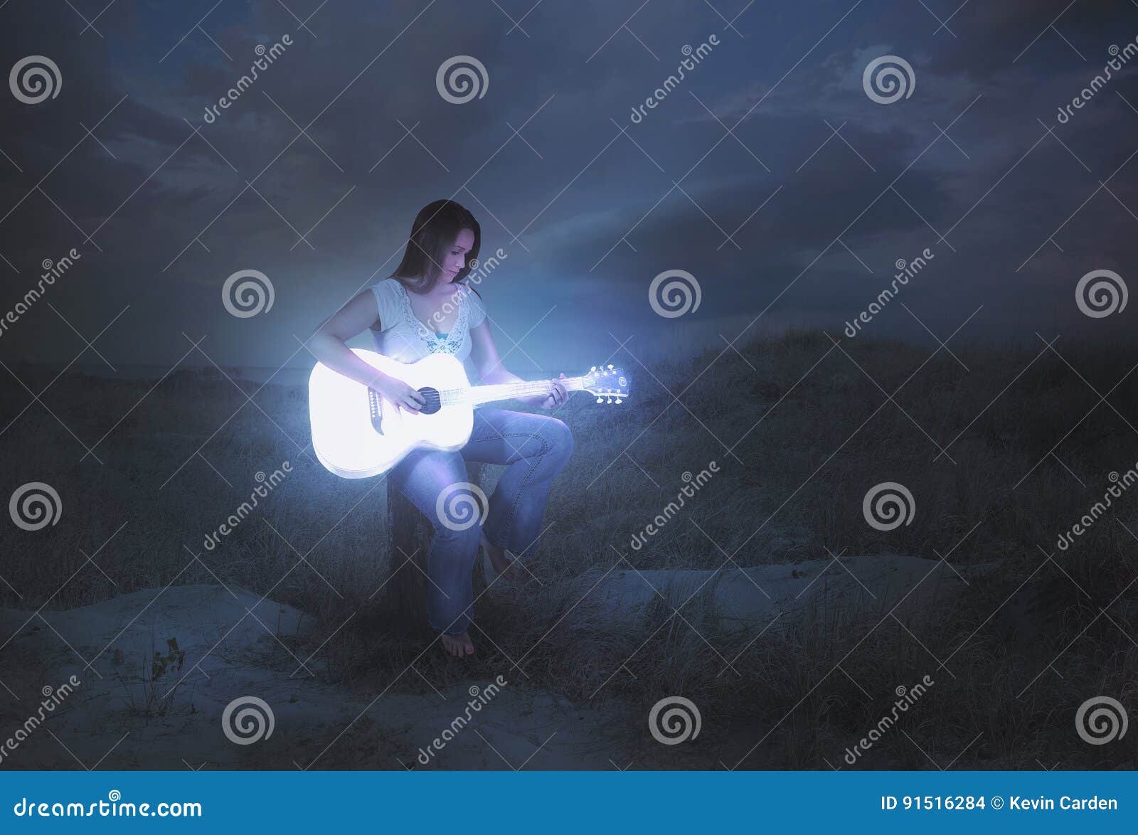 Glowing guitar at night stock photo. Image of beach, concept - 91516284