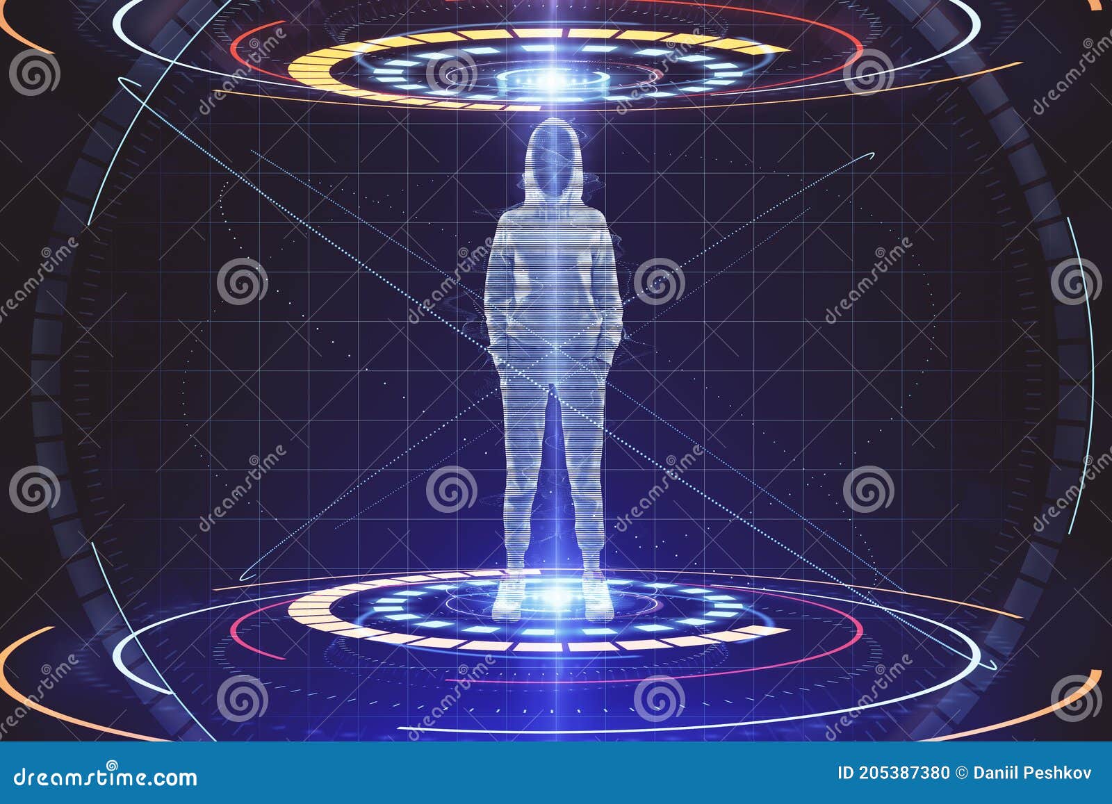 Glowing Hacker Hologram Standing in Blue Teleportation Station Stock ...