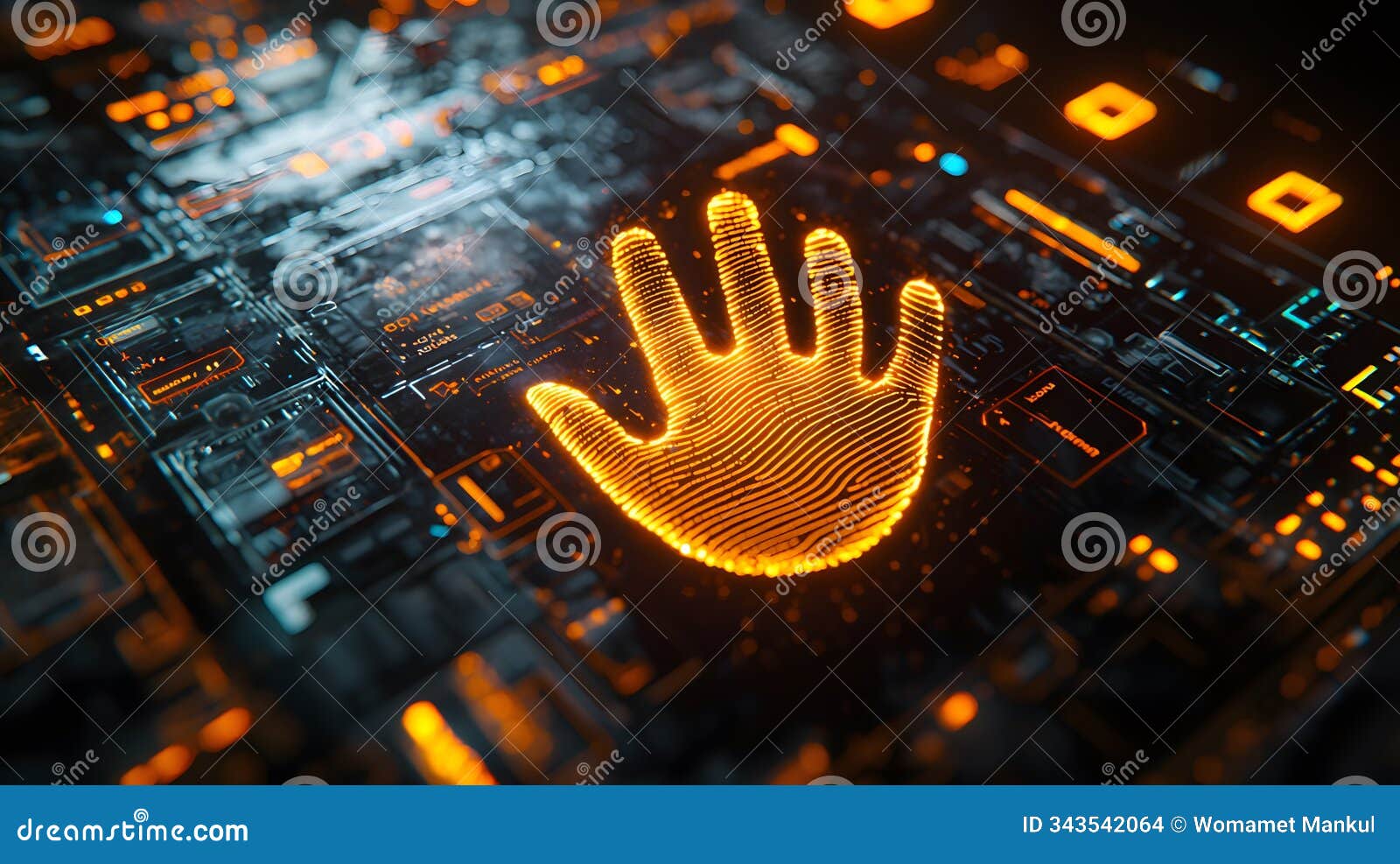 Glowing Handprint on Digital Circuit Background Stock Illustration ...