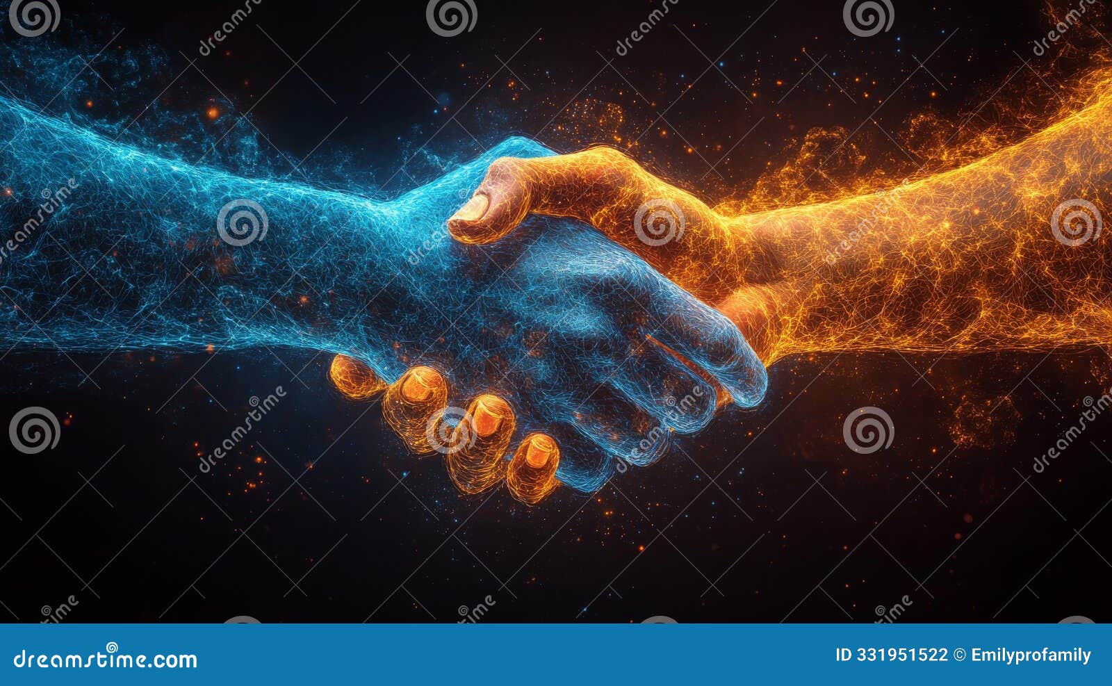 A Glowing Handshake between Blue and Orange Hands Symbolizing Unity and ...