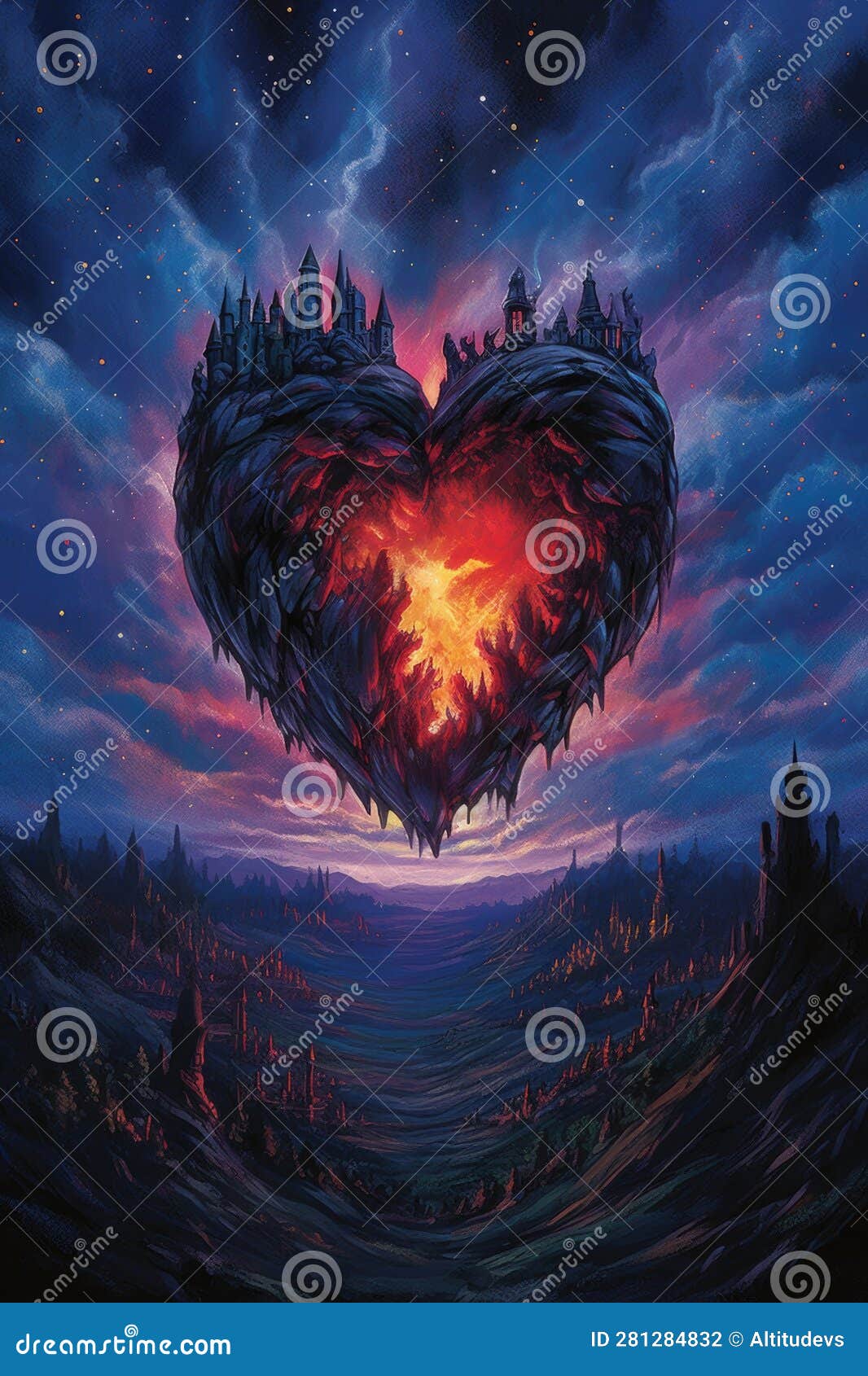 Glowing Heart on a Dark, Starry Night Sky Stock Illustration ...