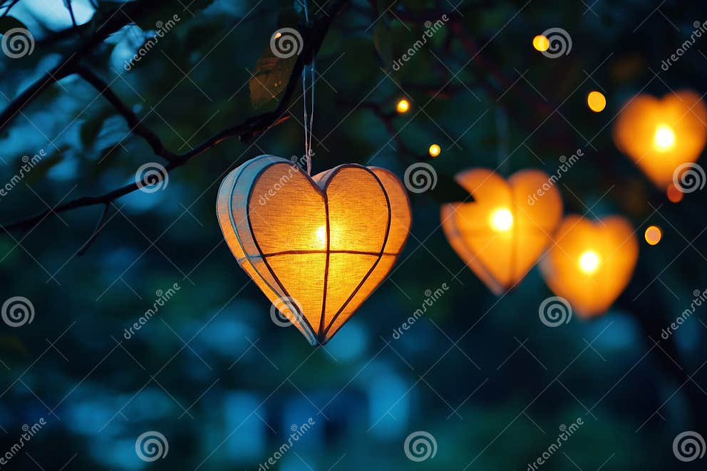 Glowing Heart Lanterns at Dusk. Stock Photo - Image of dark, bright: 356112194