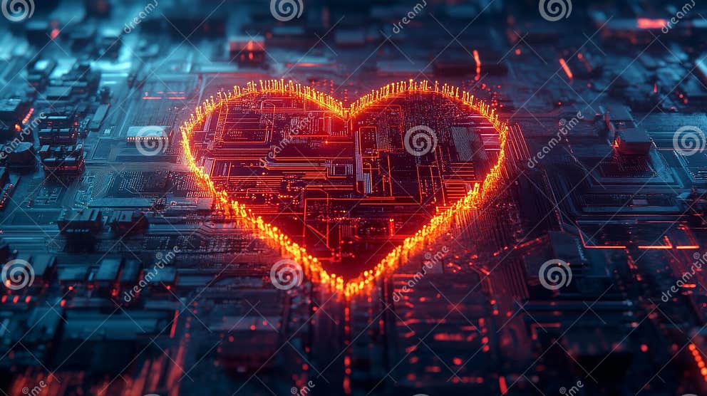 Glowing Heart Shape Being Formed by Data Flow on Circuit Board Stock ...