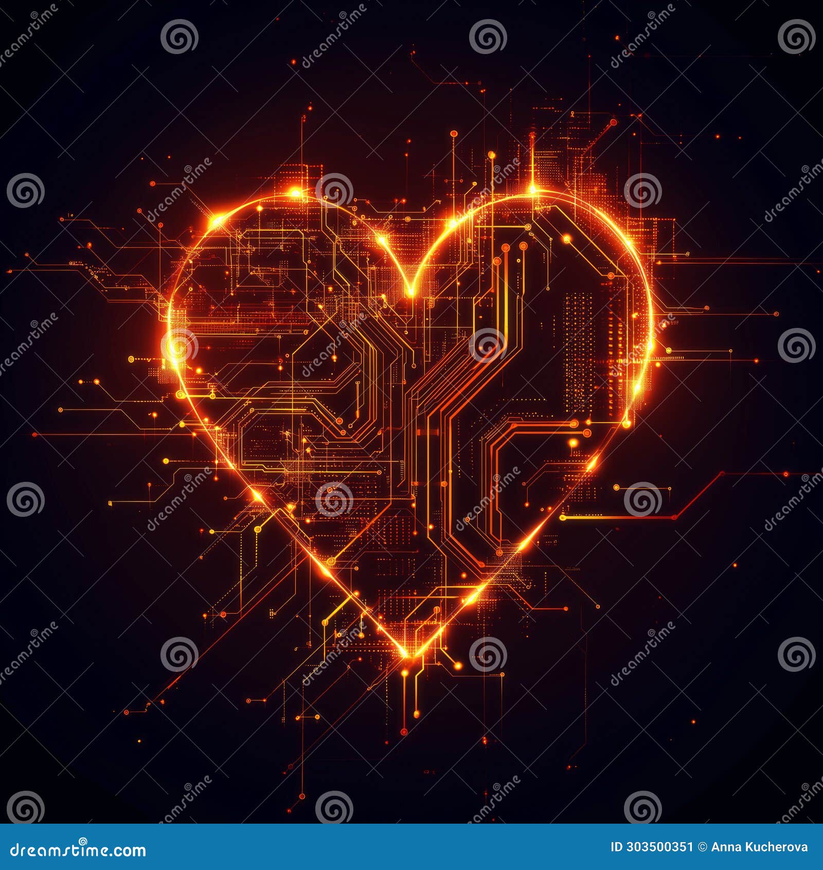Glowing Heart-shaped Circuit Board with Pulsing Data Streams Stock ...
