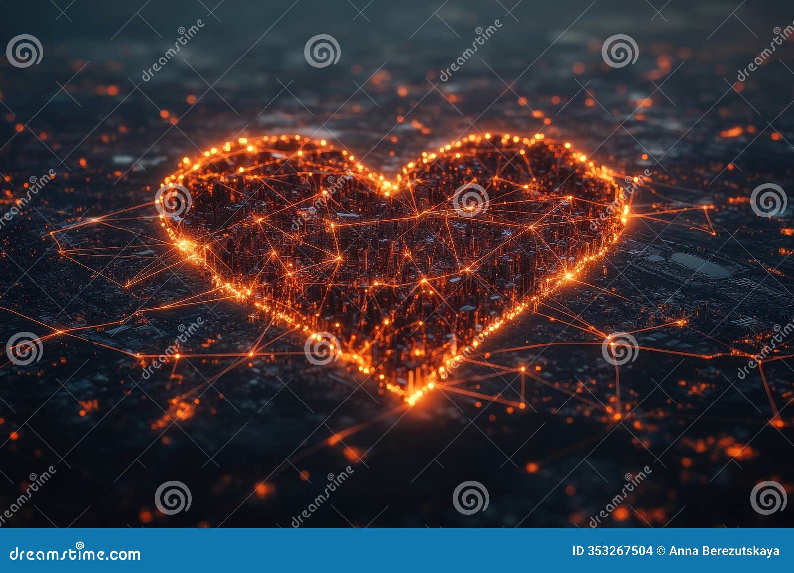 Glowing Heart-shaped Network Over Cityscape at Night Stock Photo ...
