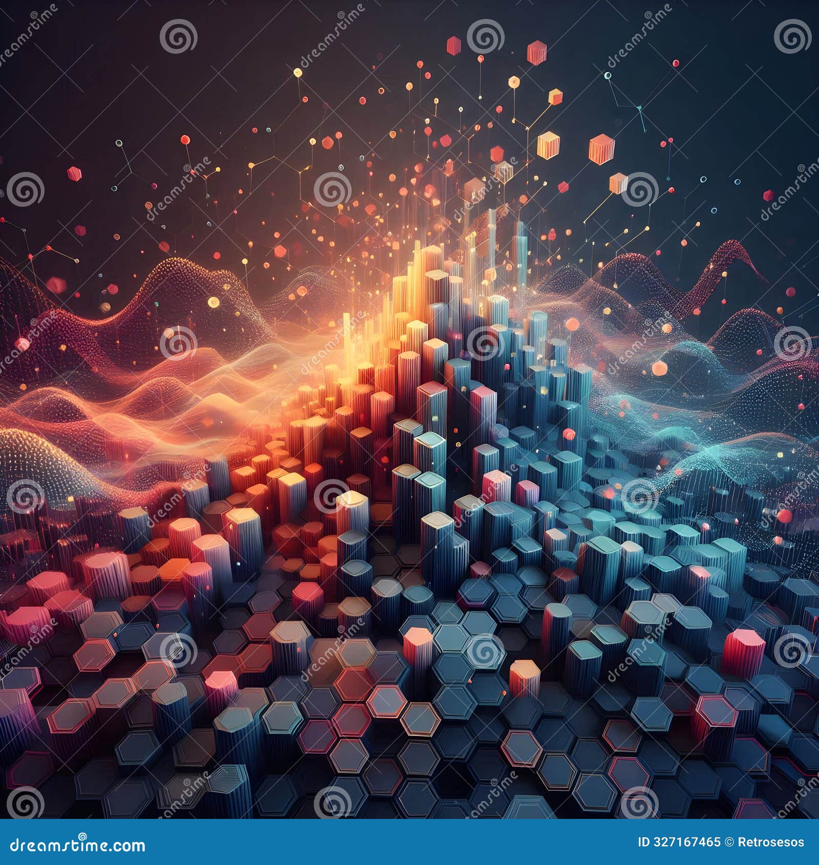 Glowing Hexagon Pattern Creating a Three Dimensional Abstract ...