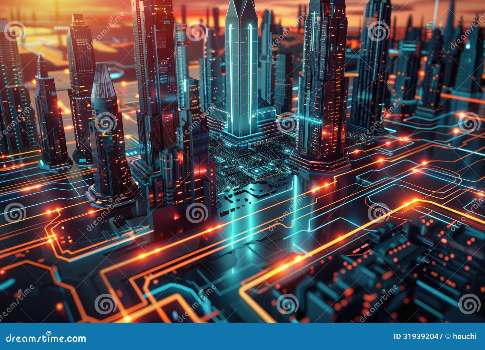 Glowing High-tech Cityscape Rising from a Sprawling Glowing Circuit ... Glowing High-tech Cityscape Rising from a Sprawling Glowing Circuit ...