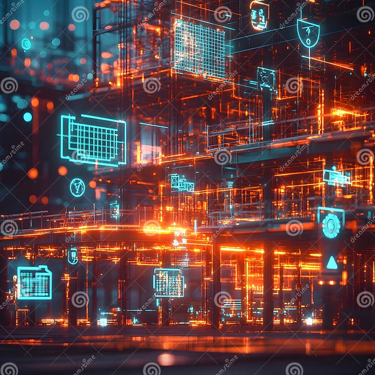 Glowing High Tech Construction Site in Virtual Reality Simulation with ...