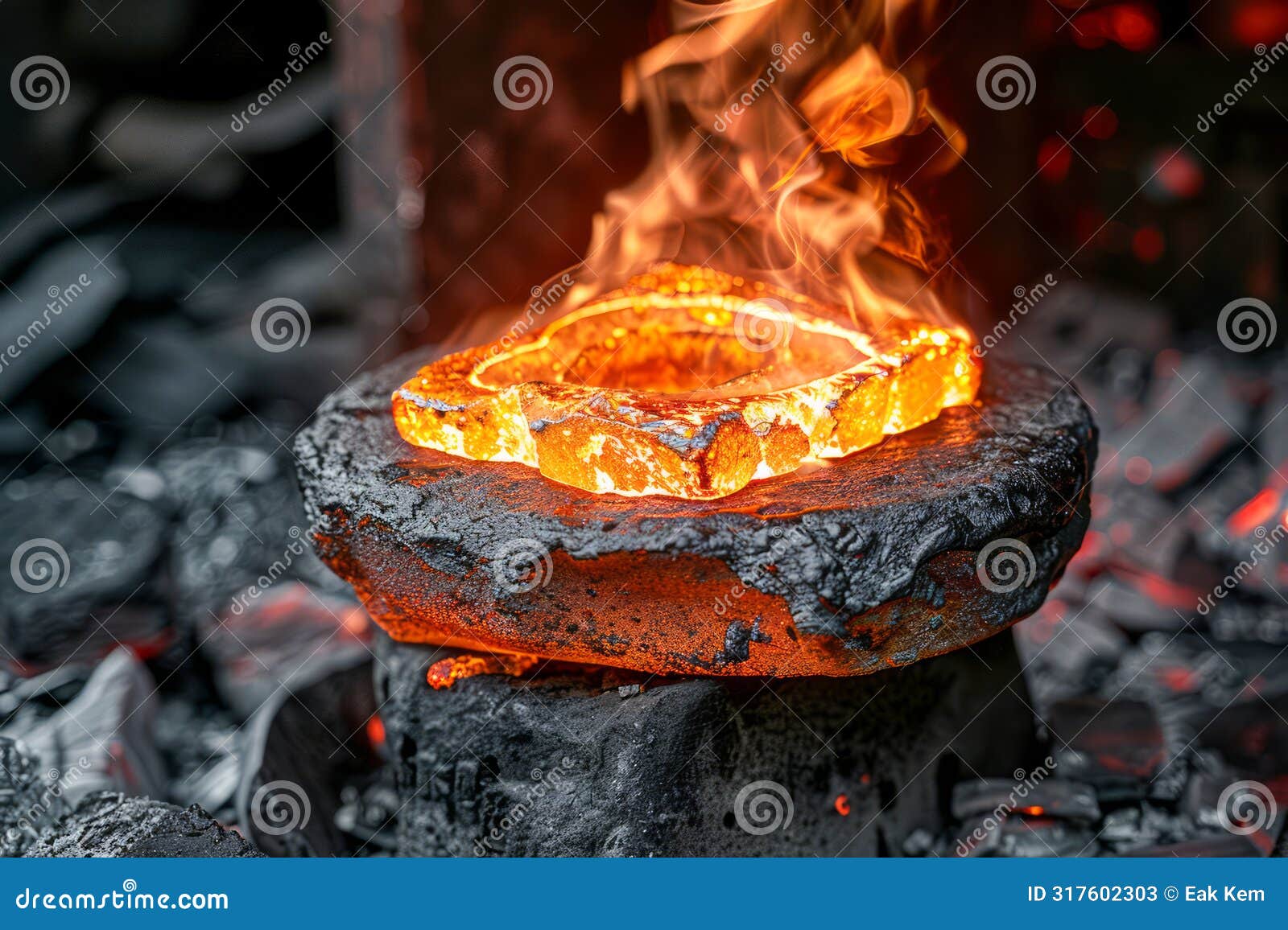 Glowing Hot Metal in Blacksmith Forge with Flames and Burning Coals ...