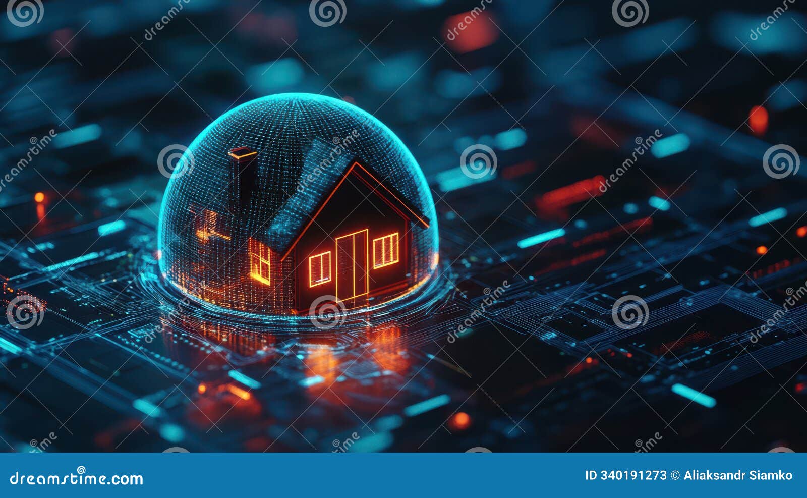 Glowing House Under Digital Dome on Computer Network Representing ...
