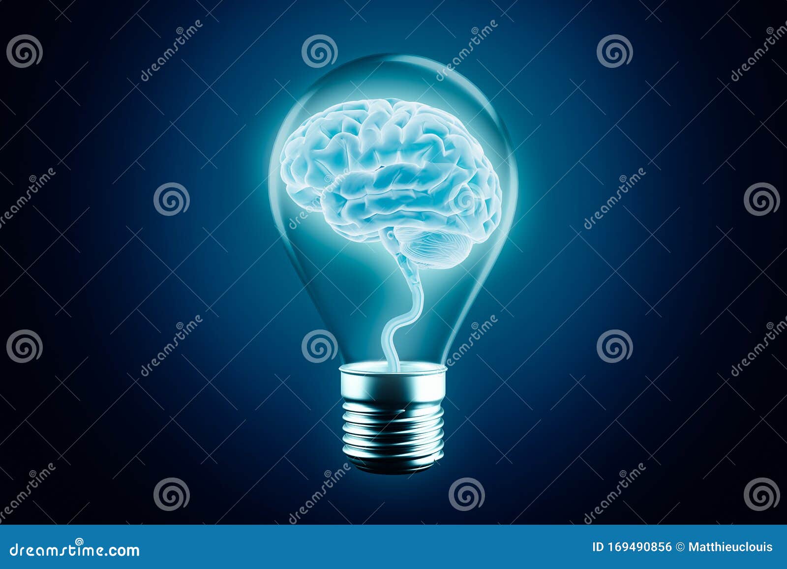 Glowing Human Brain Cortex in a Lightbulb on a Blue Background. 3d ...