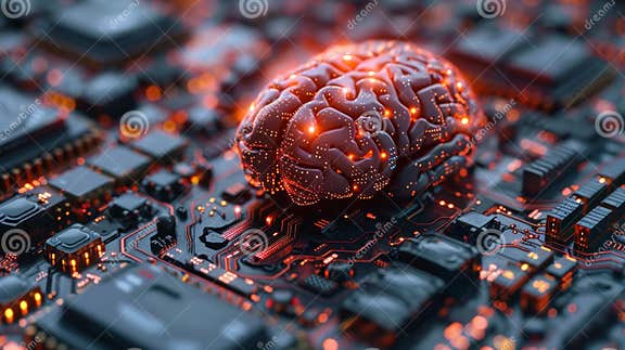 A Glowing Human Brain Sits on a Circuit Board, Representing the ...