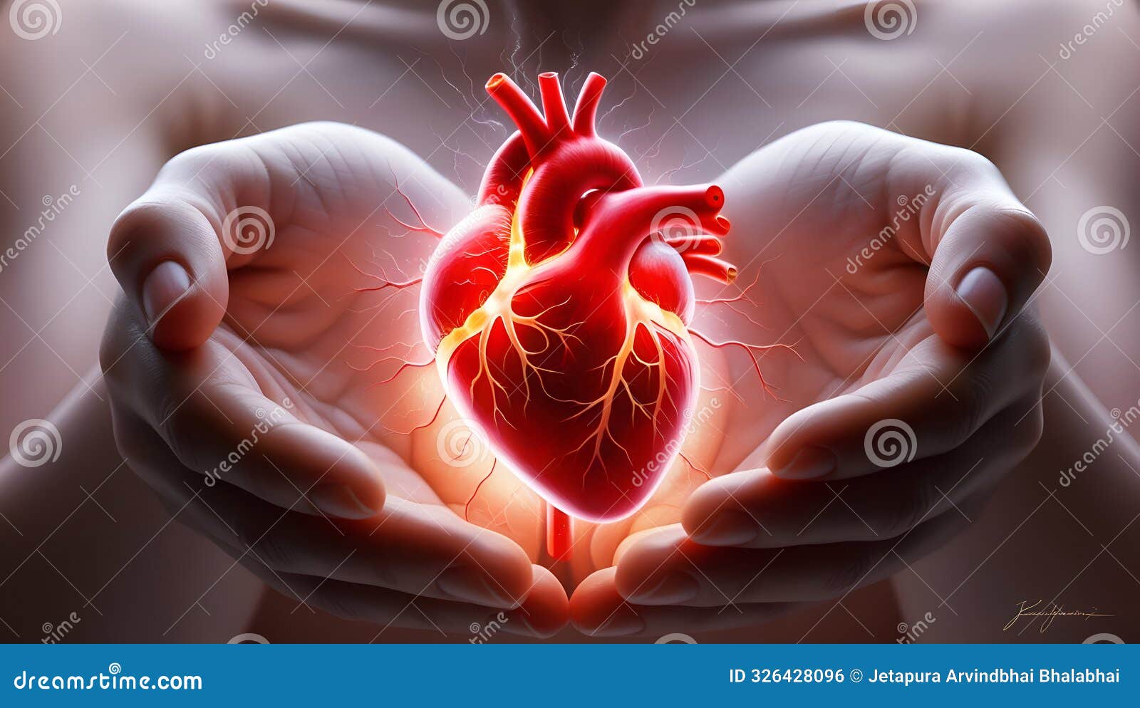 Glowing Human Heart in Hands Stock Illustration - Illustration of ...