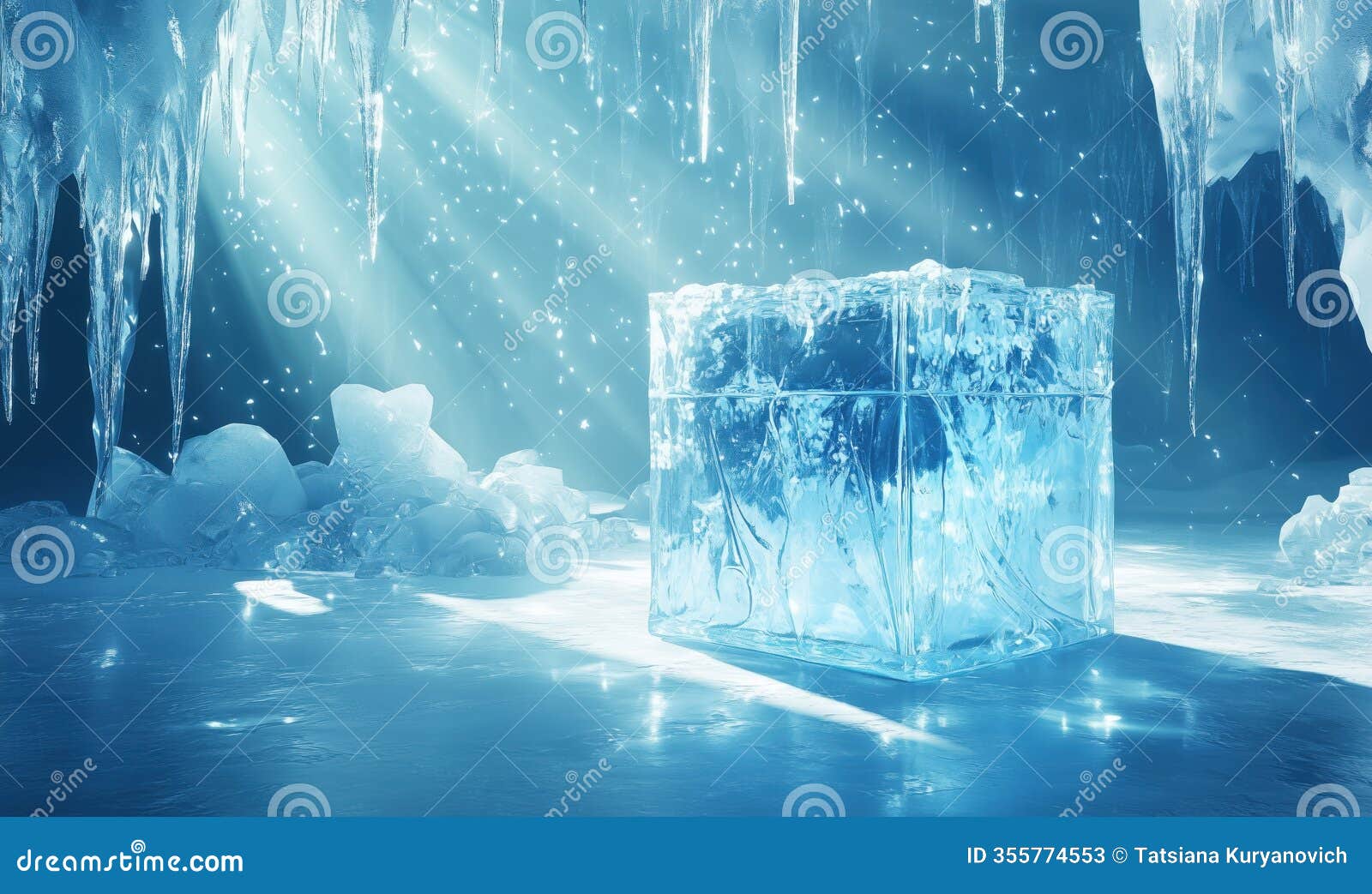 Glowing Ice Cube in Ethereal Ice Cave with Sparkling Light Rays and ...