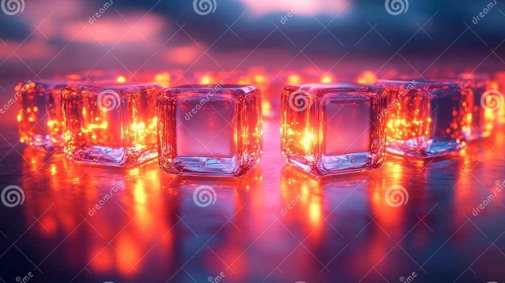 Glowing Ice Cubes Illuminated by Vibrant Red Light on a Smooth Surface ...