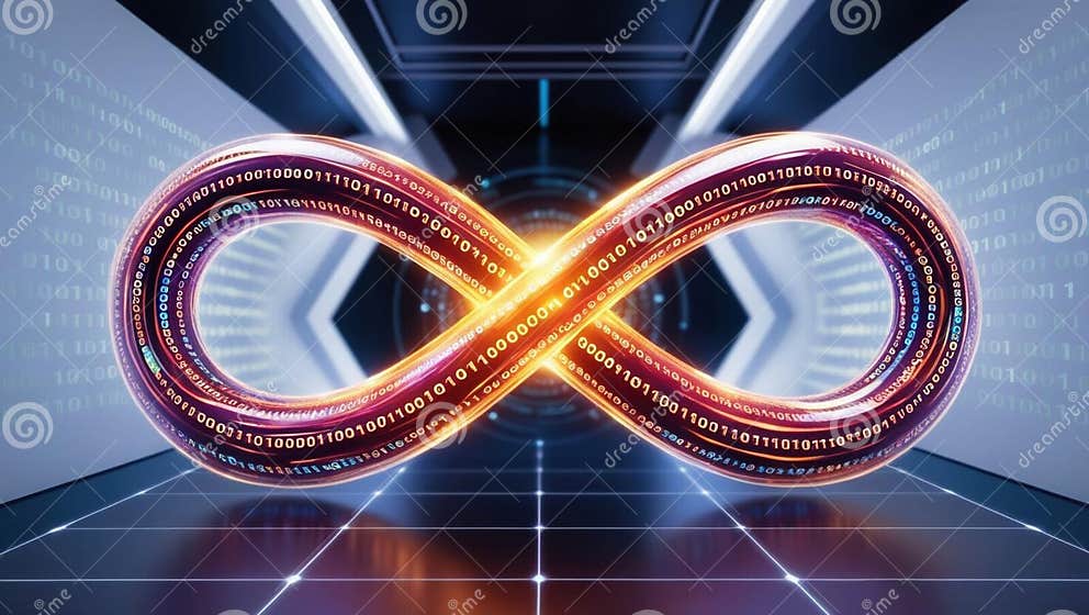 Glowing Infinity Loop Made of Binary Code Streams Symbolizes Continuous Learning of AI ...