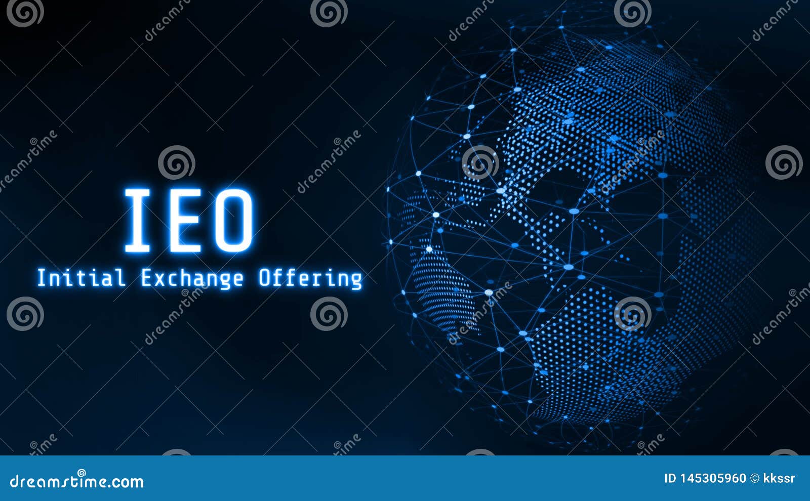 Glowing Initial Exchange Offering IEO Text on 3D Rendering Blue Dotted ...