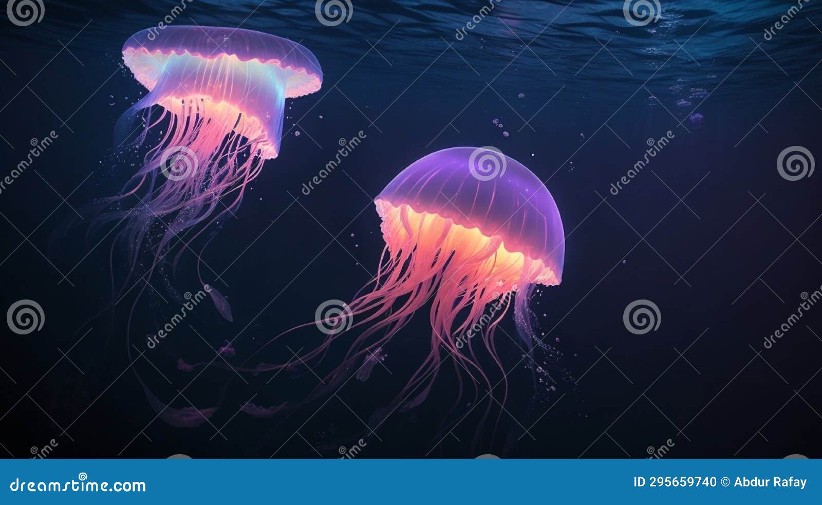 Glowing Jellyfish Floating in a Dark, Underwater Abyss Stock ...