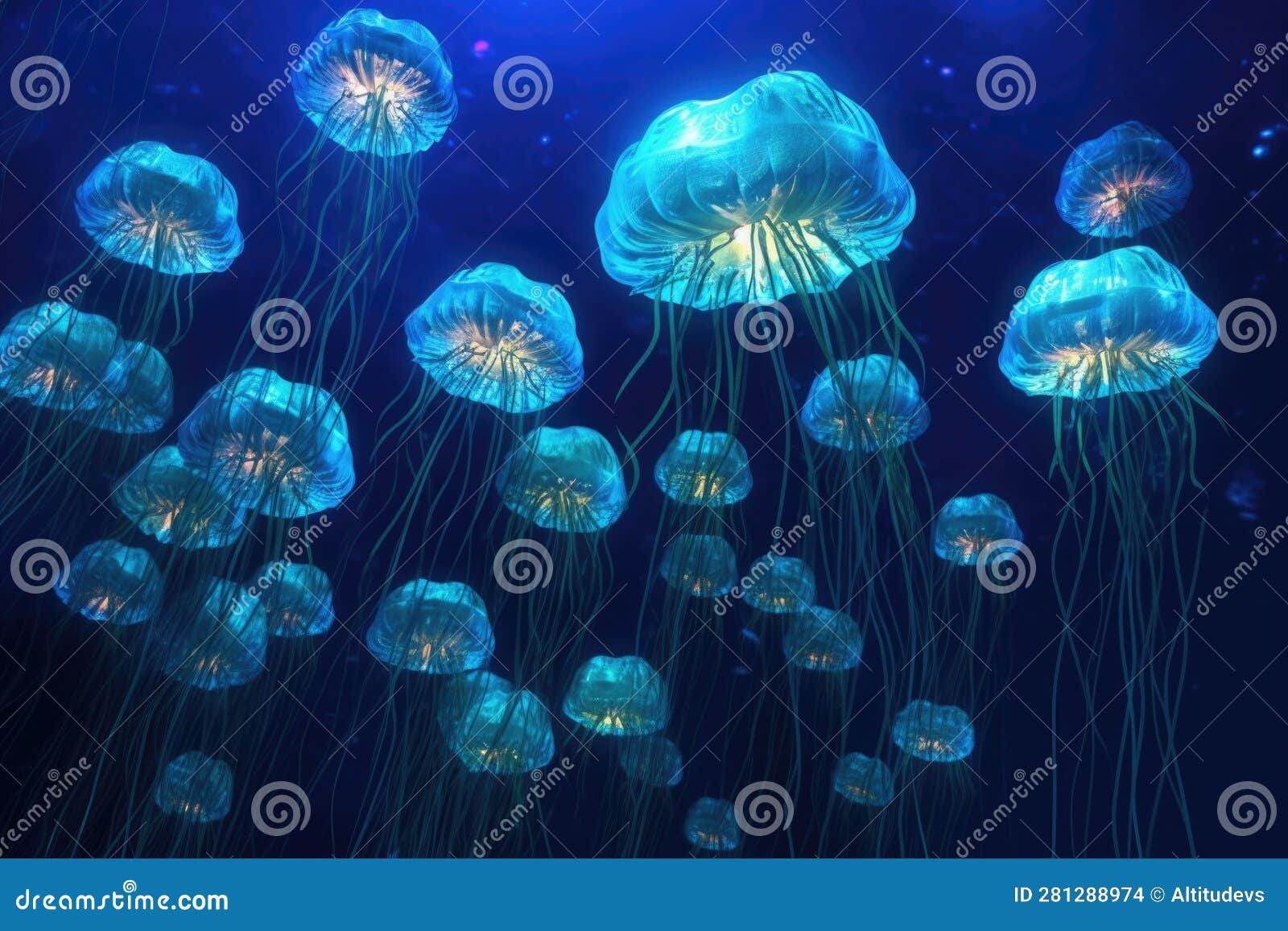 Glowing Jellyfish Swarm in Deep Blue Sea Stock Illustration ...